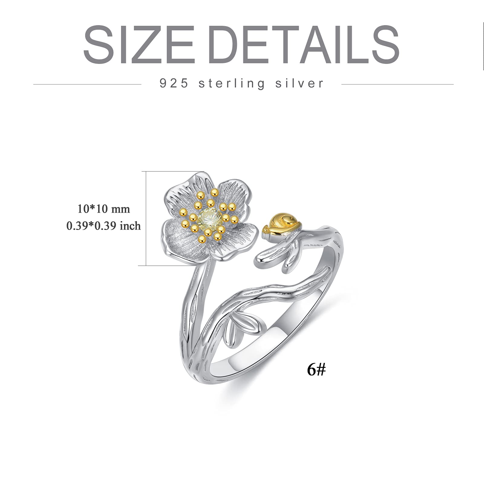 RMREWY 925 Sterling Silver Blooming Poppy Flower Open Ring Adjuastable Ring Jewelry Unique Gift for Women (7.5)