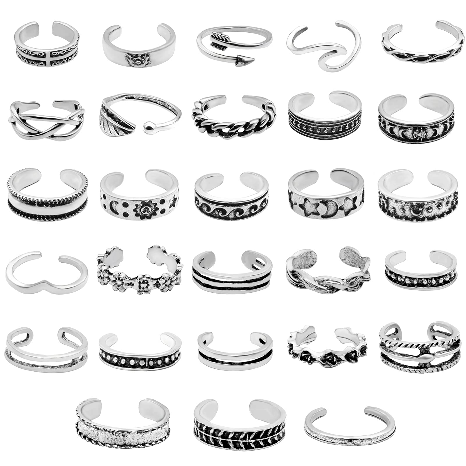 ZZ ZINFANDEL 28 Pcs Toe Rings - Adjustable Rings Toe Rings for Women Open Vintage Retro Finger Wave Toe Ring Beach Foot Jewelry Set (adjustable)