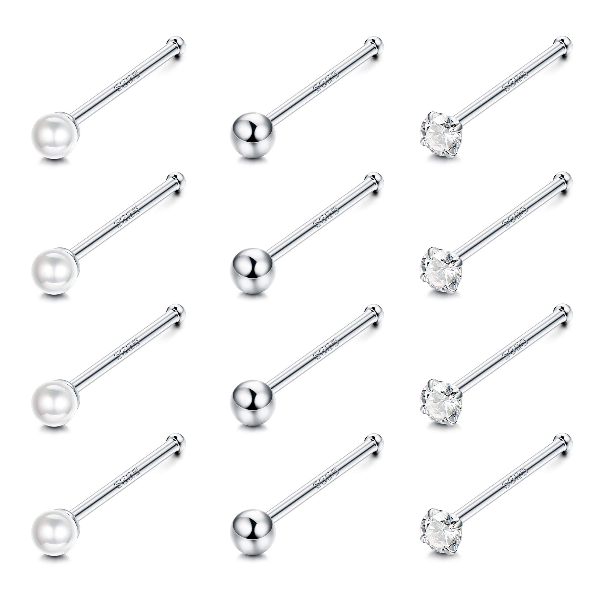 Sllaiss 12Pcs 20G Nose Rings Stud Sterling Silver Small Ball Pearl CZ Nose Studs For Women Men Nose Piercing Jewelry 1.5mm 2mm (1.5)