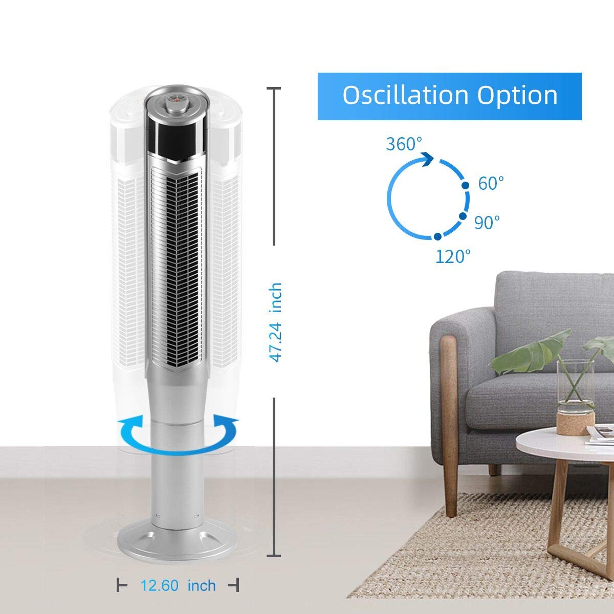 R.W.FLAME Tower Fan, 360° Oscillating Standing Fan Room Fan Portable Bladeless Quiet Floor Fan with Remote, 8 Speeds, 3 Modes, 24H Timer for Bedroom and Home Office Use (47-inch, SILVER)