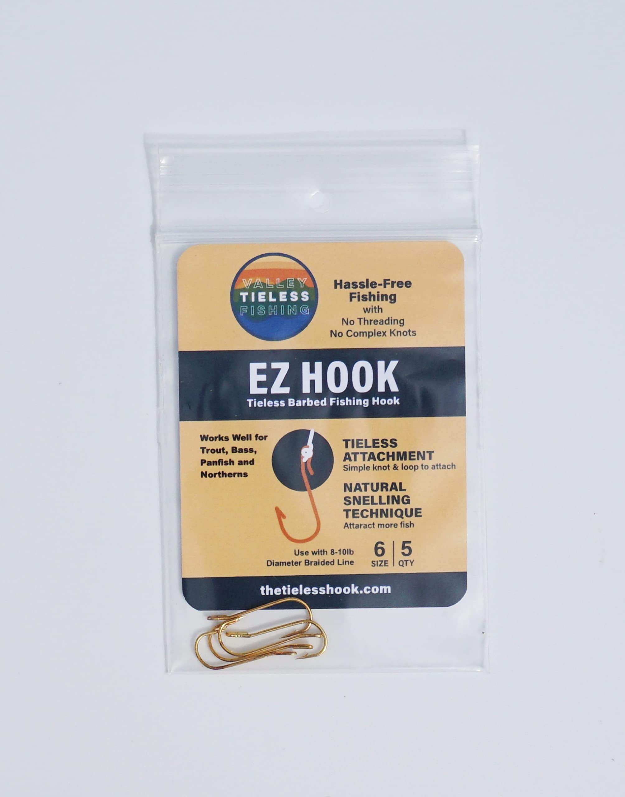 Valley Tieless Fishing, EZ Fishing Hook, Freshwater Barbed Hook Set, 5 Pack #6 Gold Hooks