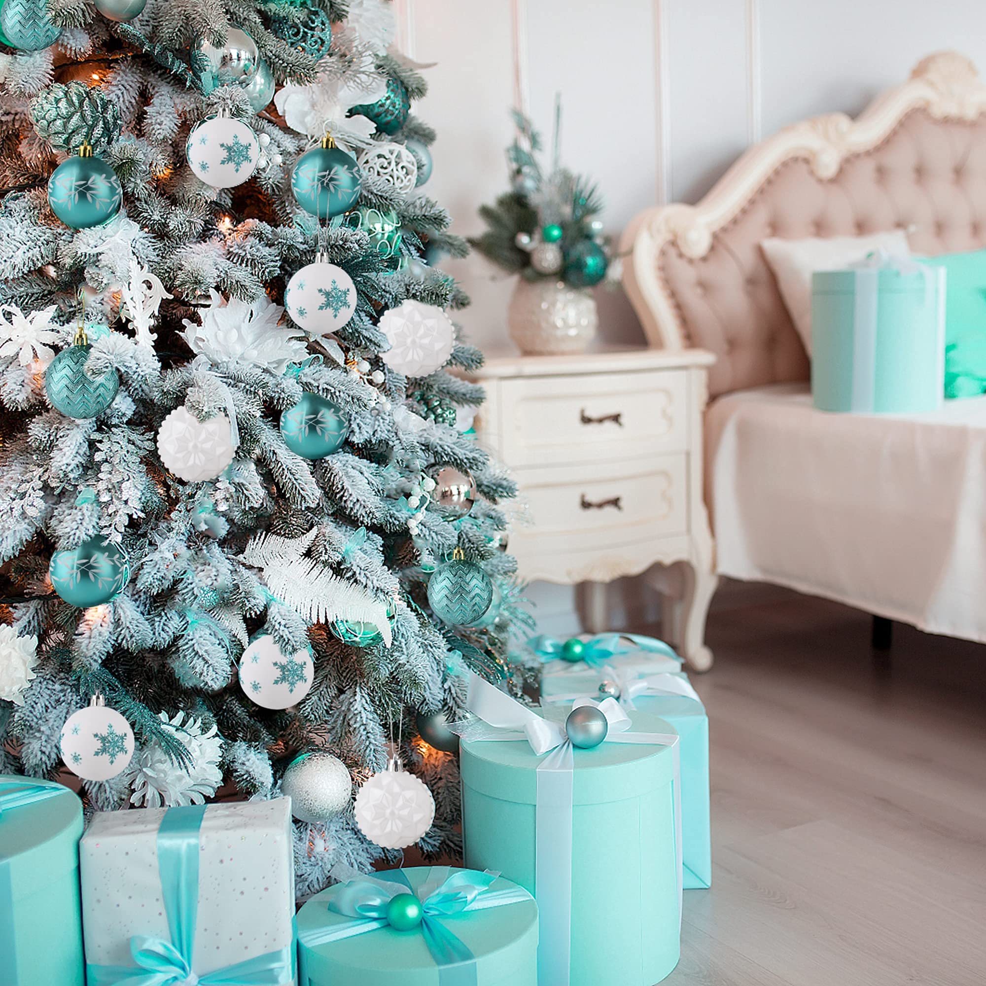 PIIDUOO Christmas Balls Ornaments for Xmas Tree - Small Shatterproof Christmas Tree Decorations White Teal Balls Ornament Plastic, 2.36 Inches | 60mm, Set 16pcs