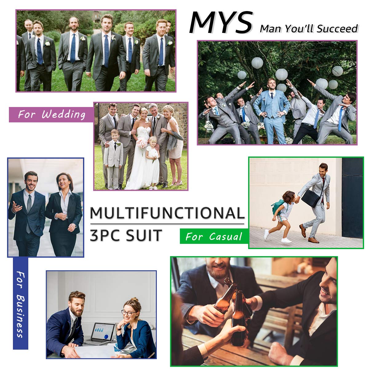 MY'S Men?s 3 Piece Slim Fit Suit Set, One Button Blazer Jacket Vest Pants with Tie, Solid Party Wedding Dress, Tux Waistcoat and Trousers, Black, L, 5'9-6'3, 175-190lbs