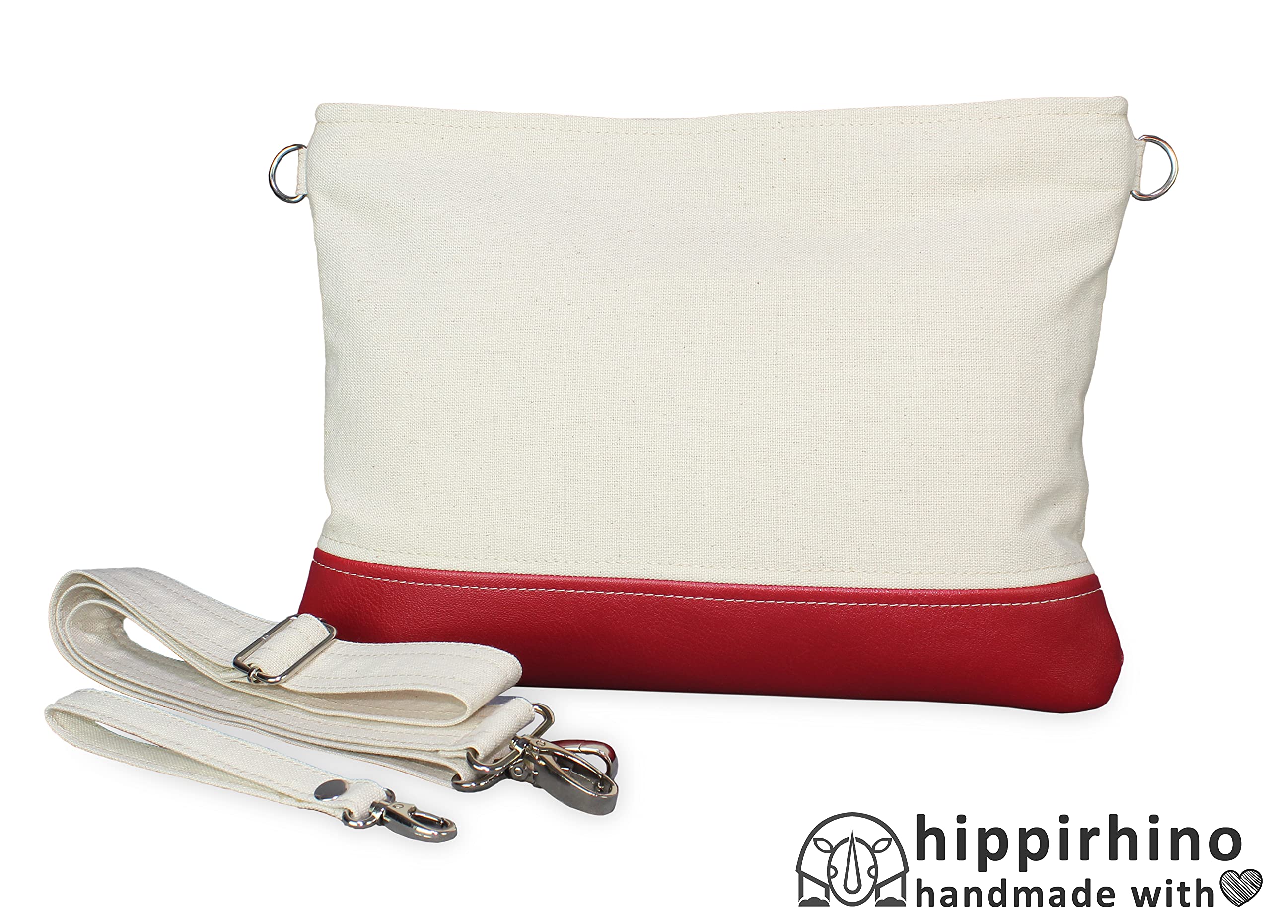Natural Cotton Crossbody Wristlet Clutch Eco-Friendly Vegan Faux Leather Bag Phone Tablet Case Detachable Strap Unbleached Raw Canvas Fabric (Red)
