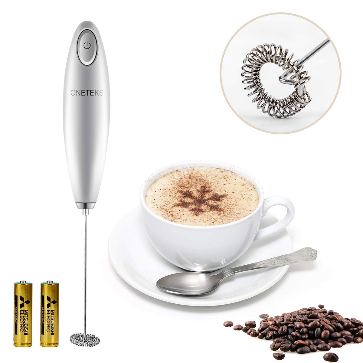 ONETEKS Milk Frother Handheld Battery, Electric Hand Foamer Blender Durable Drink Mixer including Stand, Maker For Coffee, Latte, Cappuccino, Hot Chocolate(Silver)