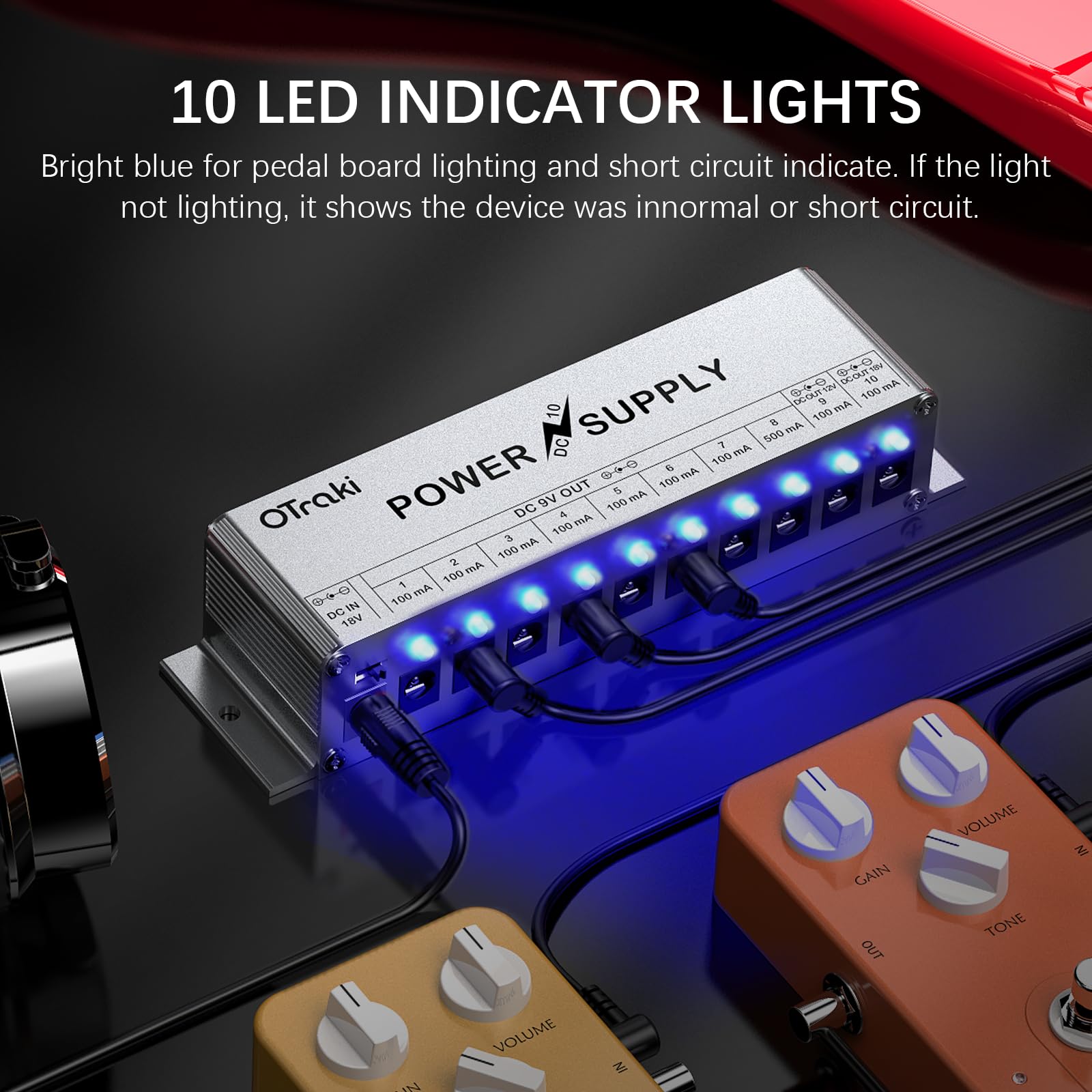 OTraki Guitar Pedal Power Supply 10 Individual DC Output Interfaces Pedal Power Supplies for 18V 12V 9V Effect Pedal Power Supply with Smart Short Circuit and Over Current LED Indicate, White