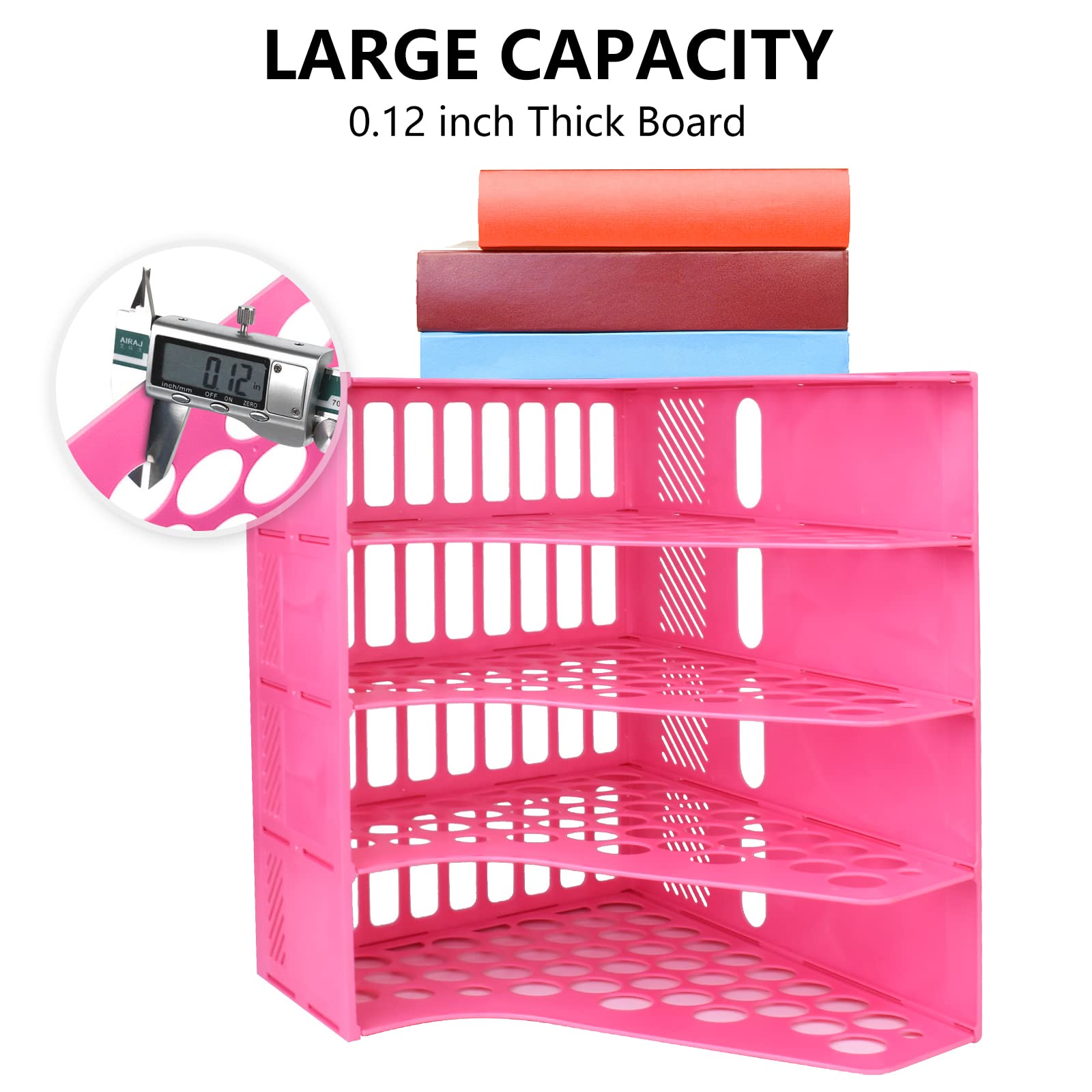 SAYEEC Magazine File Holder, Plastic Desk Organizer File Folder Holder for Desk with 4 Vertical Compartments, Sturdy Desktop Binder Organizer Home Accessories Storage for Office Organization (Pink)