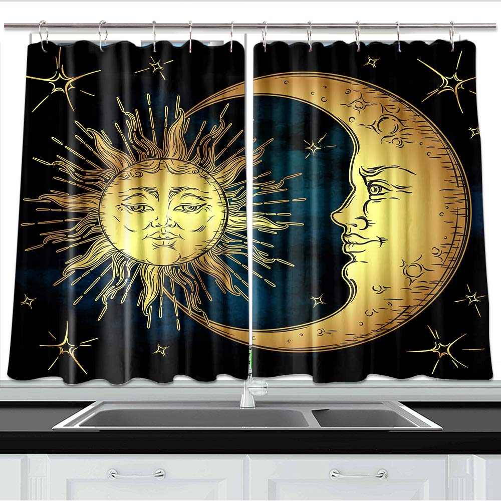 NYMB Boho Antique Hippie Window Curtains, Golden Sun Crescent Moon and Stars Mandala Curtains, Kitchen Decorations Window Drapes, Window Treatment Sets with 2 Panels, 55X39Inches