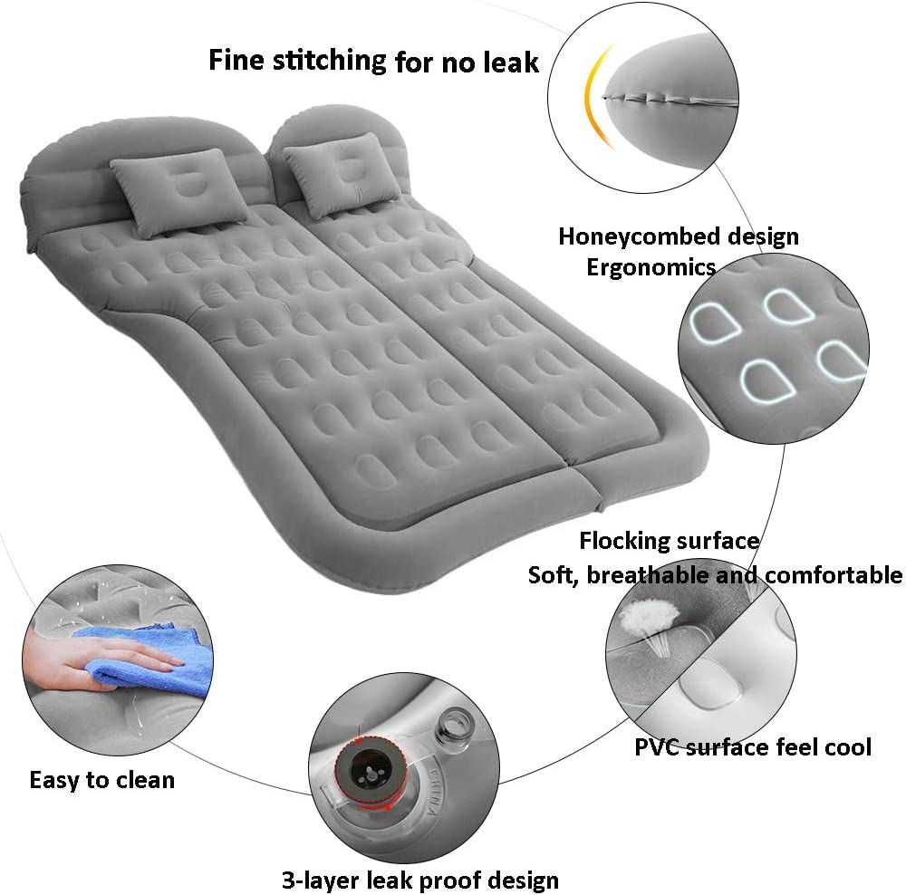 SAYGOGO SUV Air Mattress Camping Bed Cushion Pillow - Inflatable Thickened Car Air Bed with Air Pump Portable Sleeping Pad Mattress for Home Car Travel Camping Upgraded Version - Grey