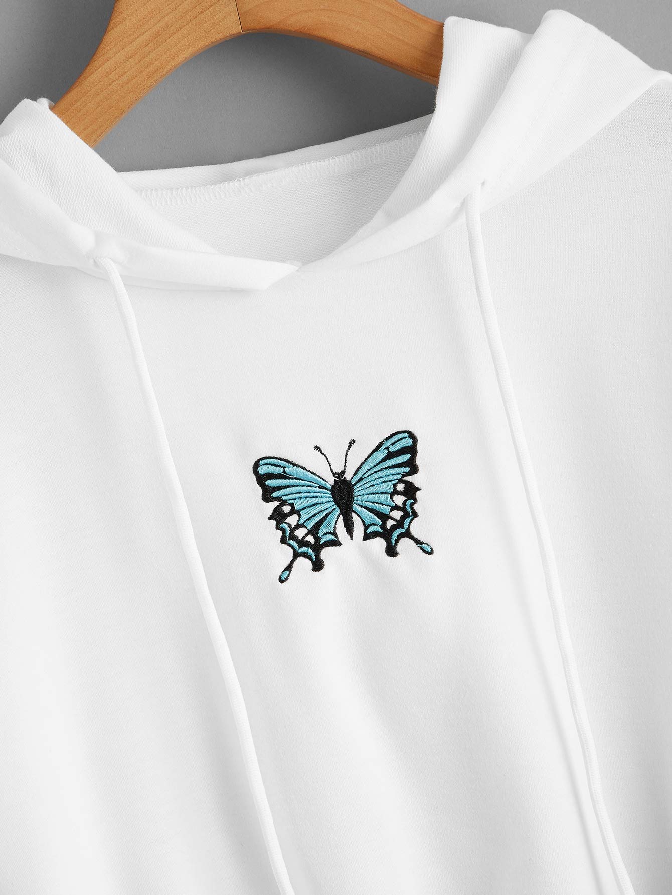 Romwe Women's Casual Butterfly Print Drawstring Crop Hoodie Sweatshirt White S