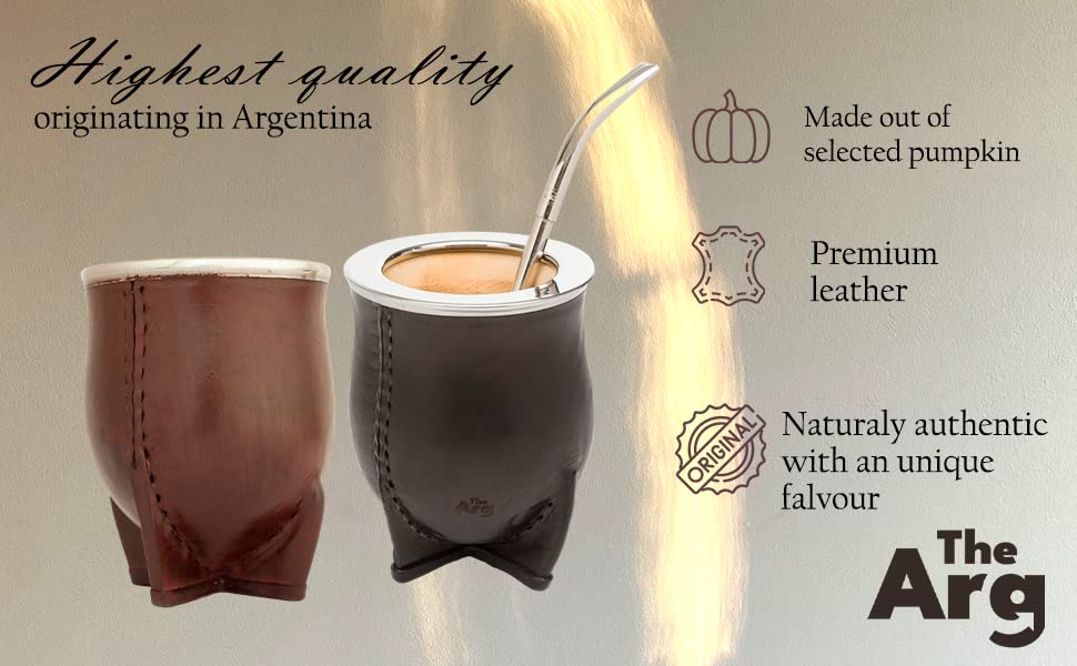 THEARG | Yerba Mate Gourd Set with Stainless Steel Straw | Handmade Leather Yerba Mate Cup and Bombilla Set from Argentina - Beach Essentials - Idea for Gifts | Travel Cup Mate - Taza para Mate