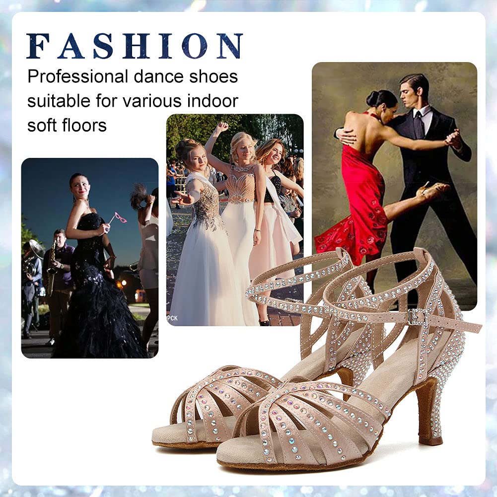 VCIXXVCE Women's Rhinestones Ballroom Dance Shoes Nude Suede Sole 3 Inch Heel Latin Salsa Bachata Performance Dance Heels,7.5 US