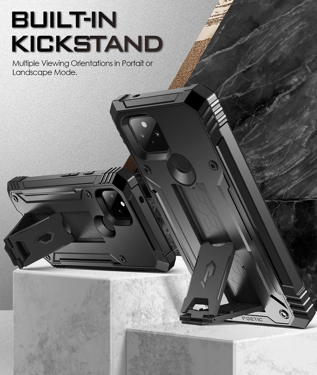 Poetic Revolution Series for Google Pixel 5 Case, Full-Body Rugged Dual-Layer Shockproof Protective Cover with Kickstand and Built-in-Screen Protector, Black