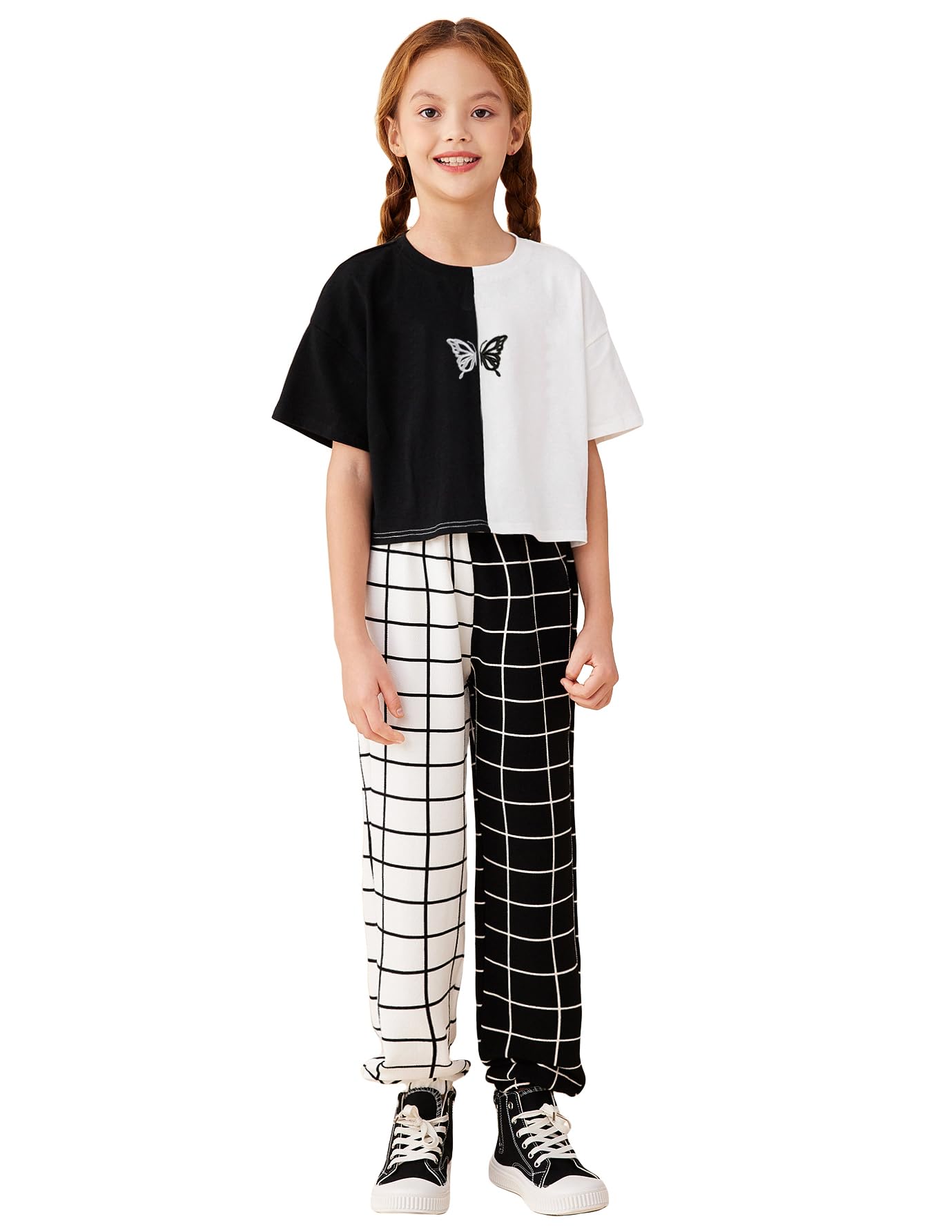 SOLY HUX Girl's 2 Piece Outfits Colorblock Butterfly Tee Top and Plaid Pants Set Black White 10Y