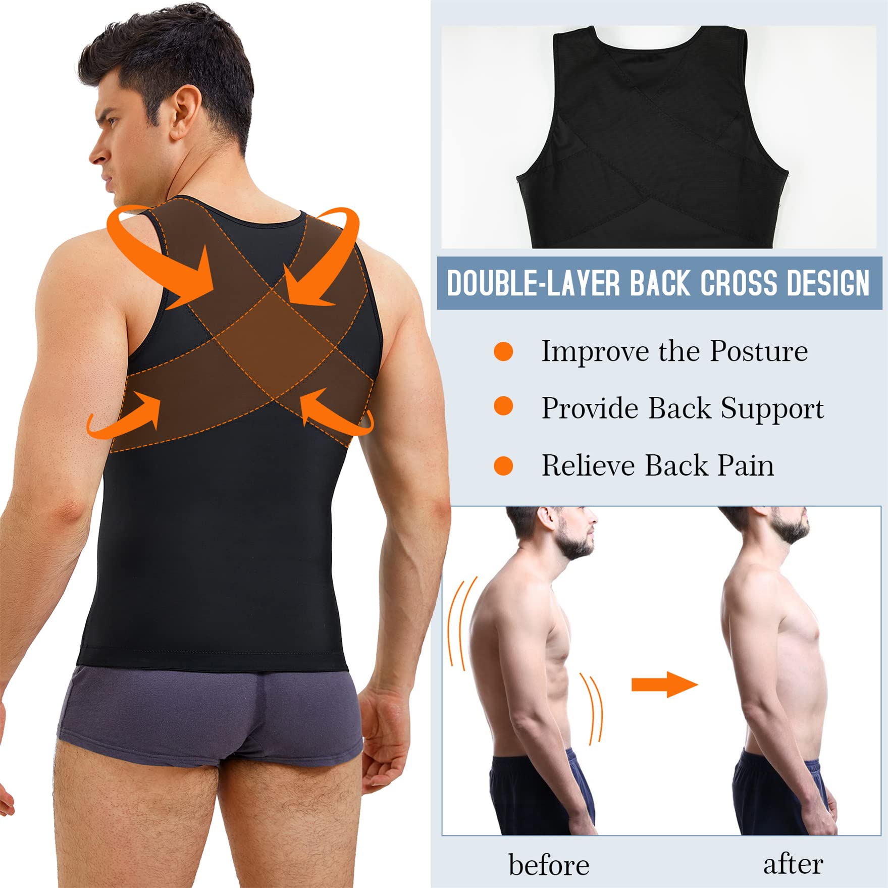 TAILONG Mens Compression Shirt Undershirt Abdomen Slimming Body Shaper Vest Workout Tank Top Tummy Control Shapewear (Black, X-Large)