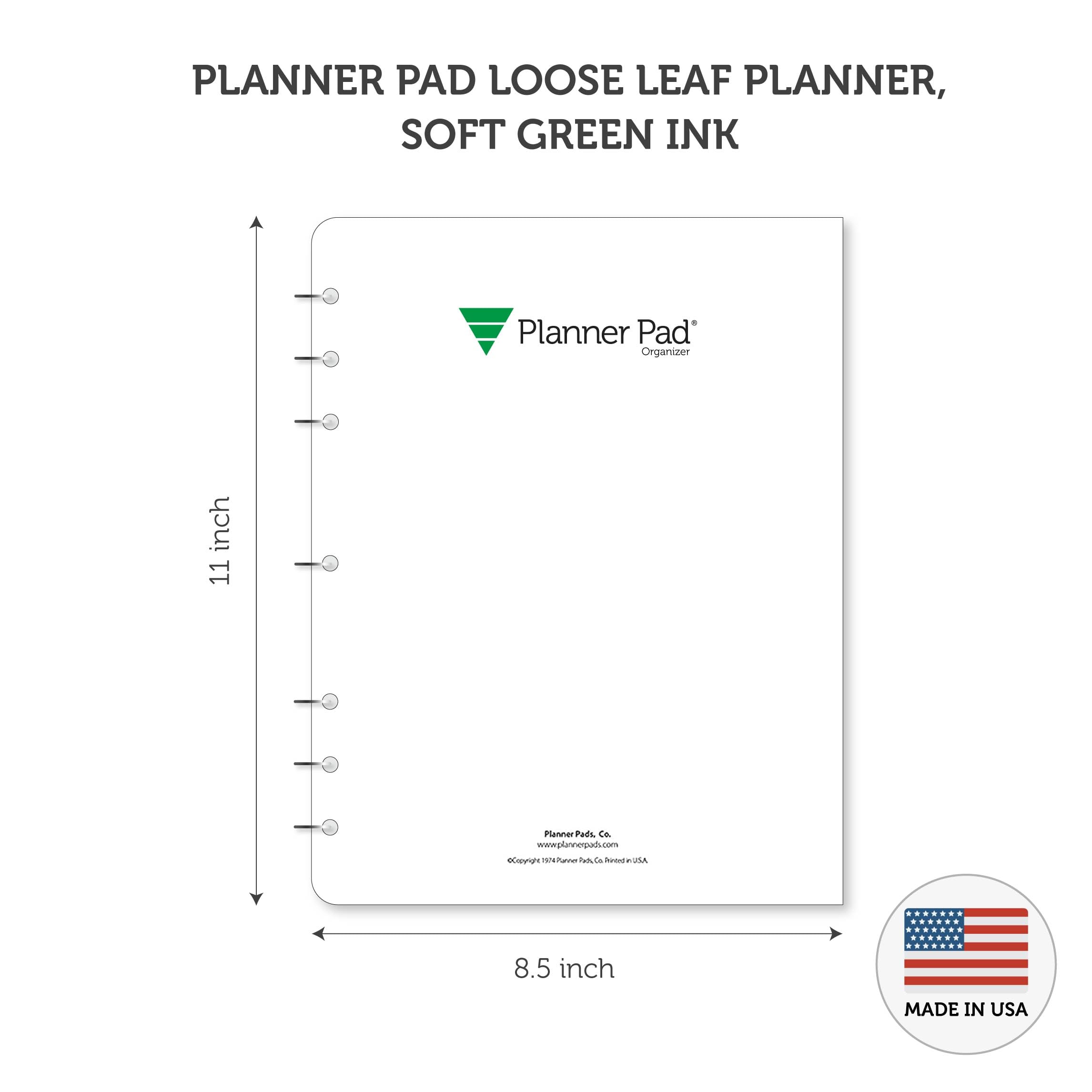 Planner Pad 7 Hole Loose Leaf 3-Tier Funnel Down 12 Month Organizer, Oct 1st Start (Oct 2023 - Sept 2024), Soft Green Ink, 8 1/2" x 11β