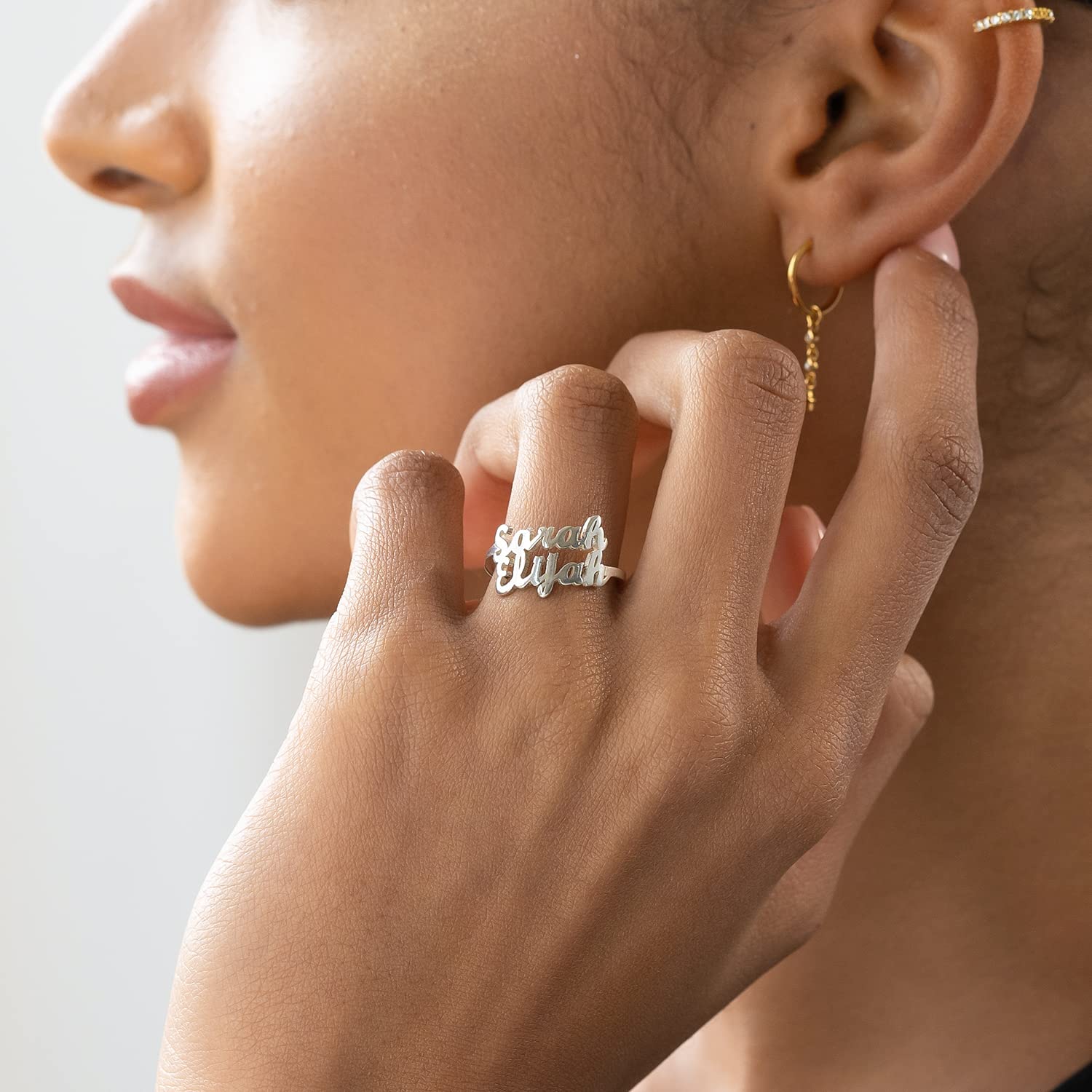 Oak&Luna - Two is Better Than One Name Ring - Personalized Couple Name Rings - in Sterling Silver or Gold Plating - Customize Two Names or Words - Jewelry Gift for Women Wife Mom (925 Sterling Silver)