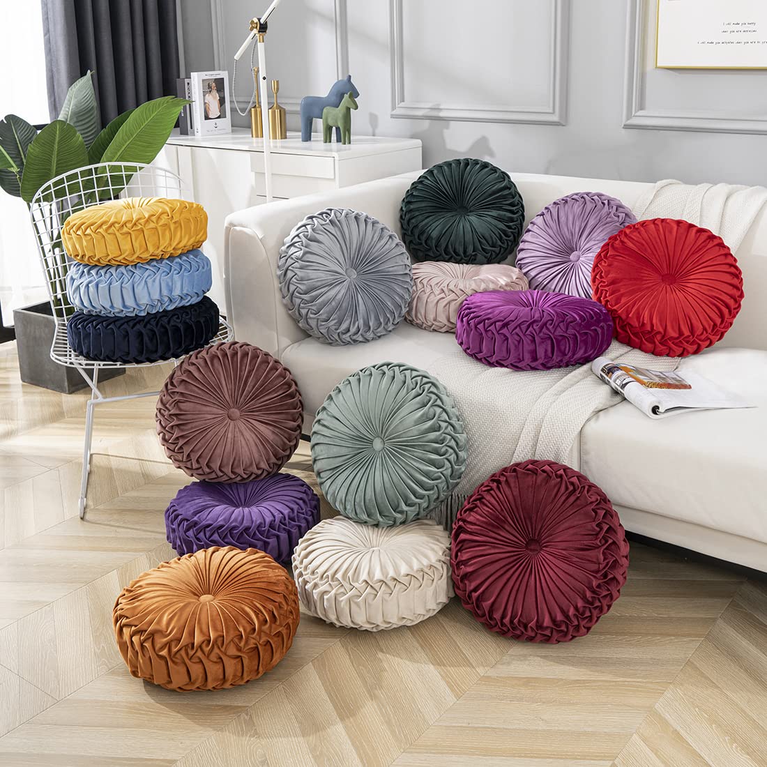 vctops Solid Velvet Seat Cushions Round Floor Pillows Thicken Chair Cushions Pleated Chair Pads Seat Pad Throw Pillows for Bedroom Living Room (Light Purple,Diameter 14")