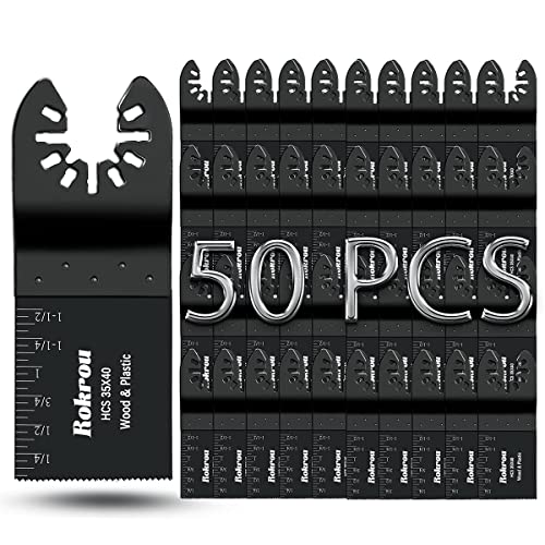 Rokrou 50 PCS Oscillating Tool Blades Multitool Blades , Accessories Bits Quick Realse Nail Wood & Drywall (35mm HCS) FITS Dewalt Fein Multimaster Bosch Makita Milwaukee Rockwell Ryobi Black & Decker
