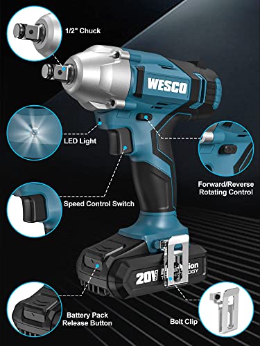 WESCO 20V Cordless Impact Wrench, 1/2",1602 In-lbs(180N.m),2.0A Li-ion Battery, LED Light 3 Pcs Drive Impact Sockets and 1 Hour Fast Charger