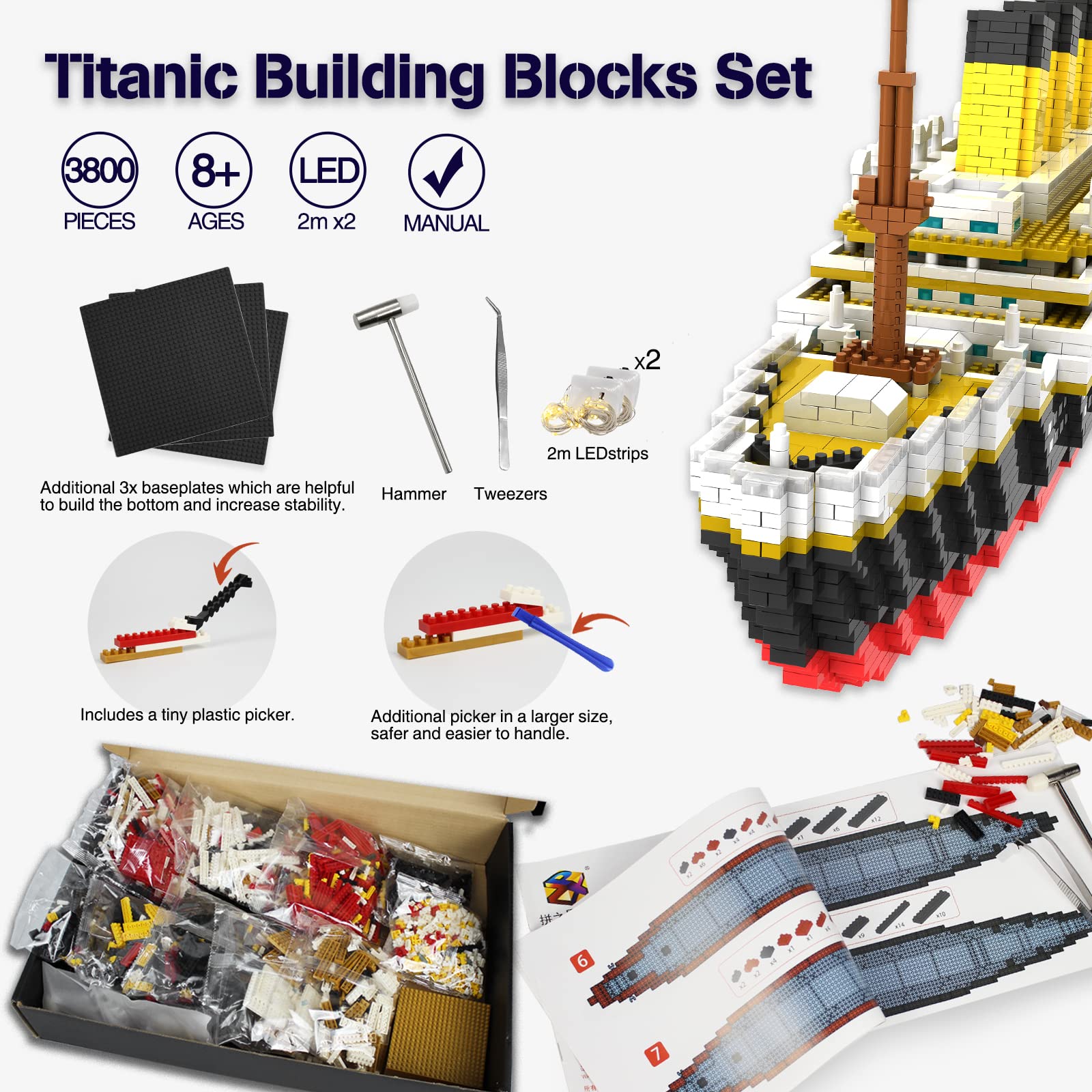 Titanic Building Blocks Set with LED, 3800pcs Titanic Toy Micro Building Kit, Titanic Gift Ship Model Building Bricks, DIY Educational Christmas Toys Gift