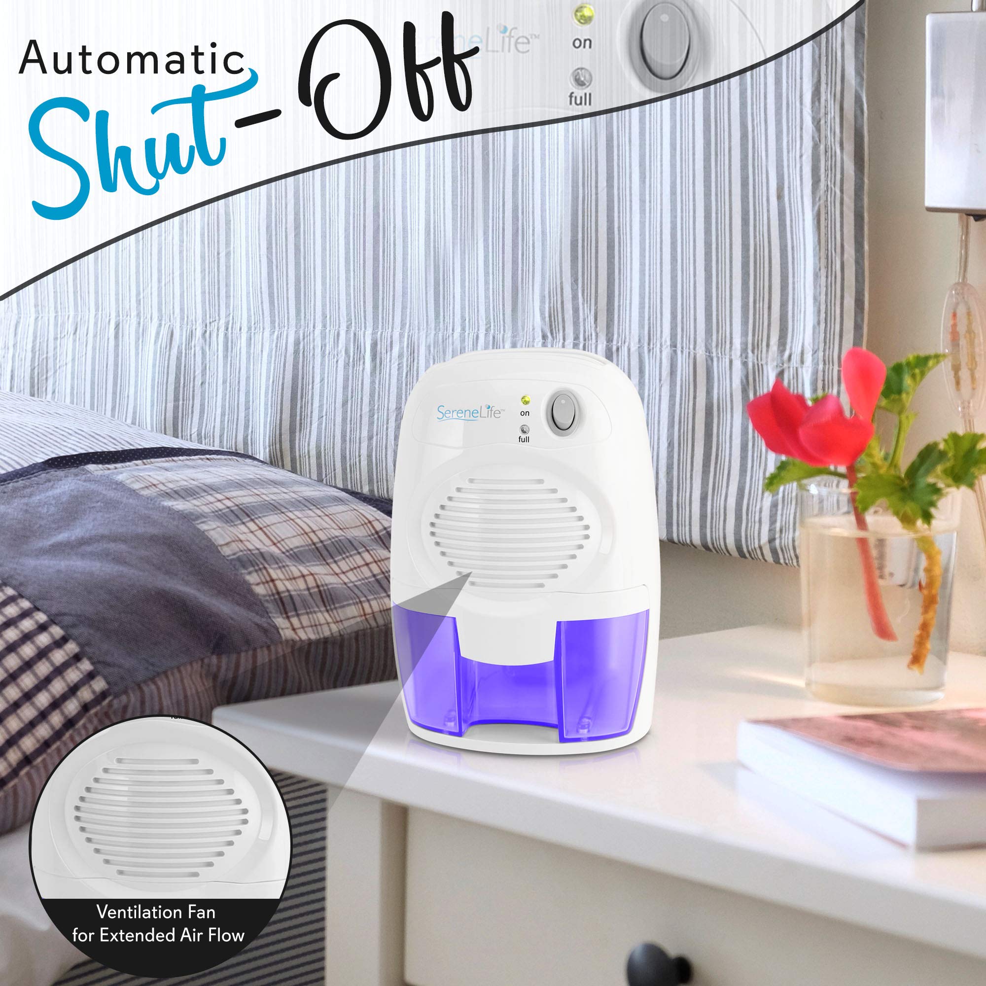 SereneLife Dehumidifier 16oz. Compact Electronic Cooler-Rooms up to 1100 Cu Ft-Breathe Easier, Odor Eliminator, Moisture Control, Ventilation Fan, Reusable Air Filter, Removable Water Tank