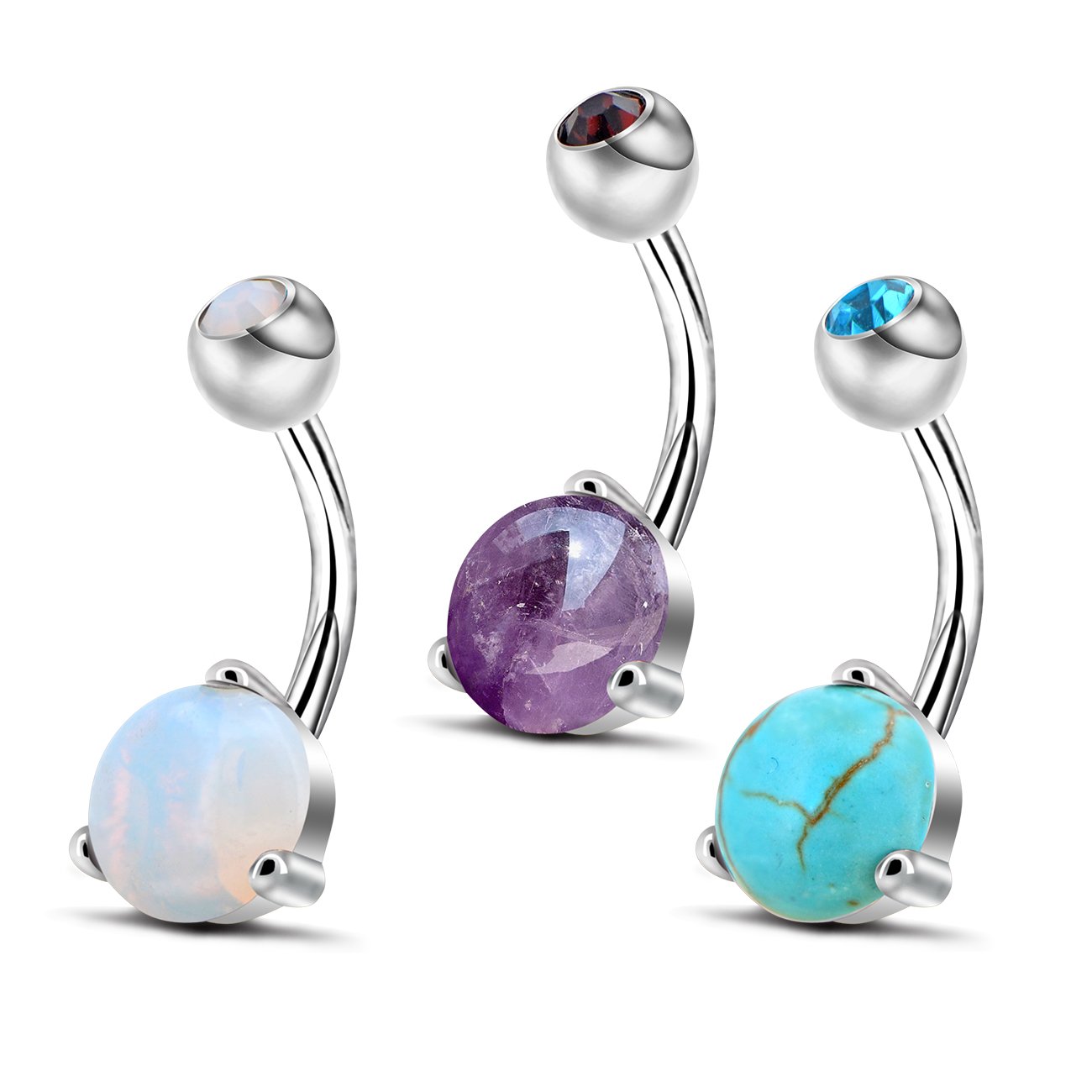 OUFER 3PCS Stone Belly Button Ring 316L Surgical Steel Curved Navel Barbell Body Piercing 14G (1.6mm)