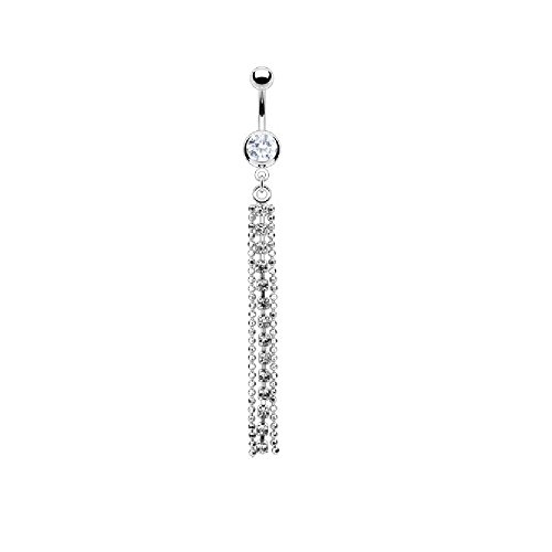Pierced Owl 14GA 316L Surgical Steel Long Multi-Gem Chain Dangling Belly Button Ring (Silver Tone)