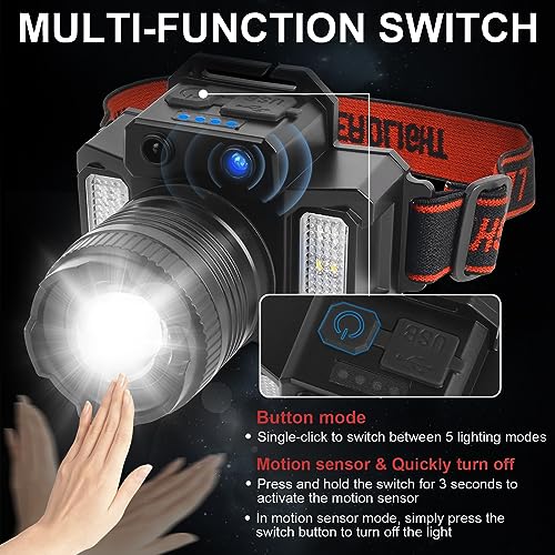 Rechargeable Headlamps for Adults, Head Flashlight, Waterproof Headlamp with Motion Sensor and Swivel Zoom Function, Ideal for Camping, Fishing, and Hiking