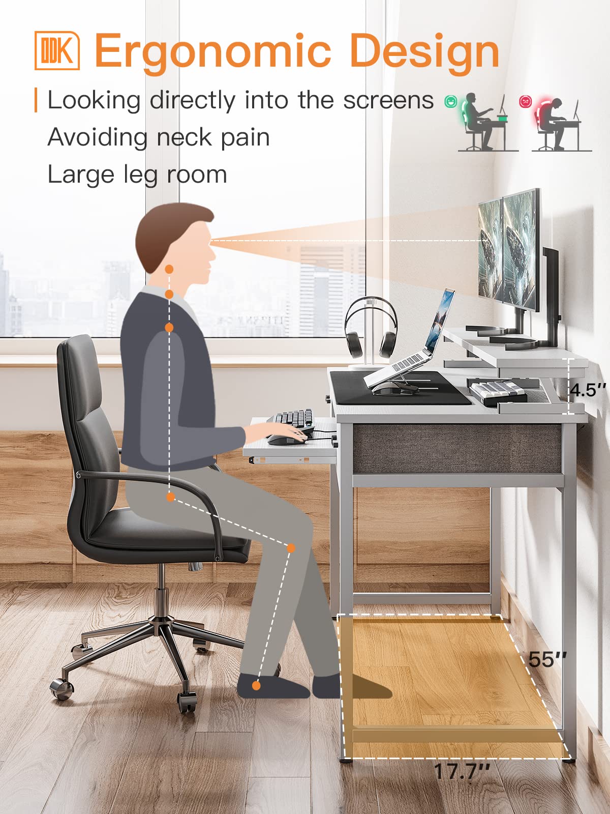 ODK Computer Desk with Keyboard Tray, 55 inch Office Desk with Drawers, Writing Desk with Monitor Shelf and Storage, Work Desk for Home Office/Bedroom, Bamboo