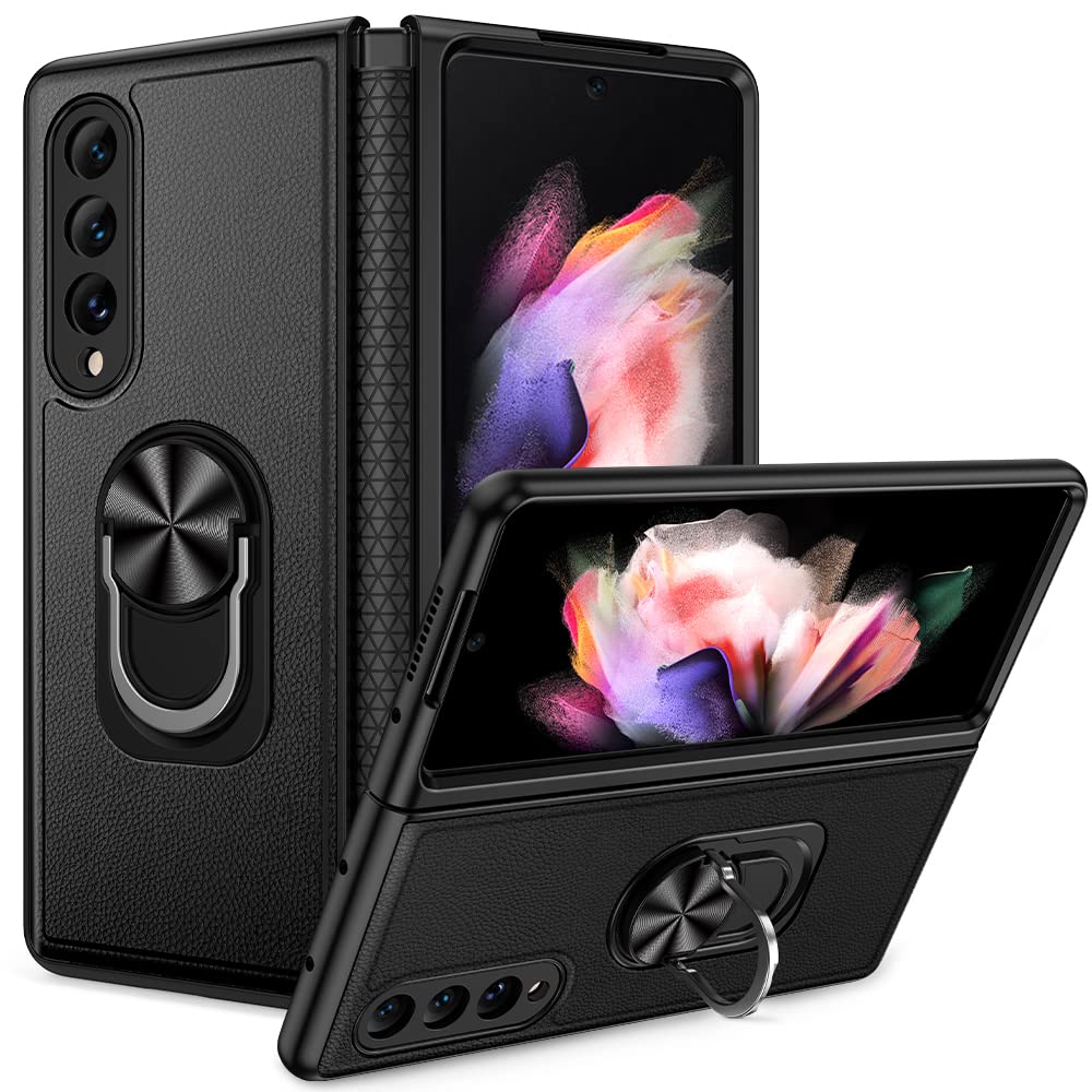VEGO for Galaxy Z Fold 3 Case with Hinge Protection, Built-in 360°Rotate Ring Stand Magnetic Cover Case for Samsung Galaxy Z Fold 3 5G (2021) - Black
