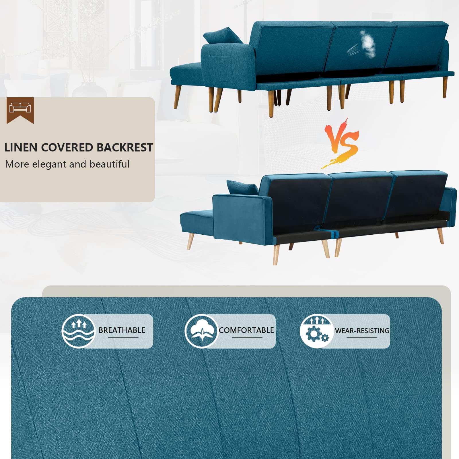 NOBLEMOOD Sleeper Sectional Sofa Bed for Living Room, L-Shaped Linen Fabric Couch Sofas with Reclining Backrest and Removable Ottoman (Blue)