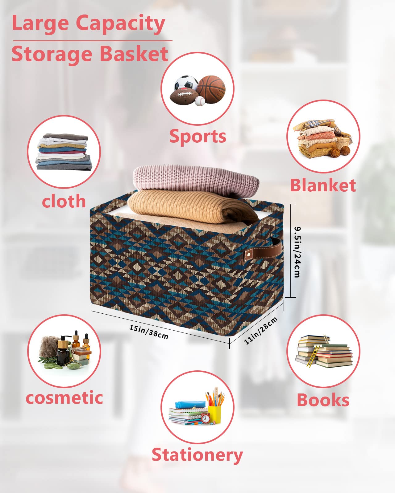 Storage Organizer Bins Set of 2 Storage Baskets for Clothes on Shelves With Handles Indian Civilization Ancient Nahuatl Aztec-African Style Geometric Rectangular Fabric Laundry Baskets for Organizing