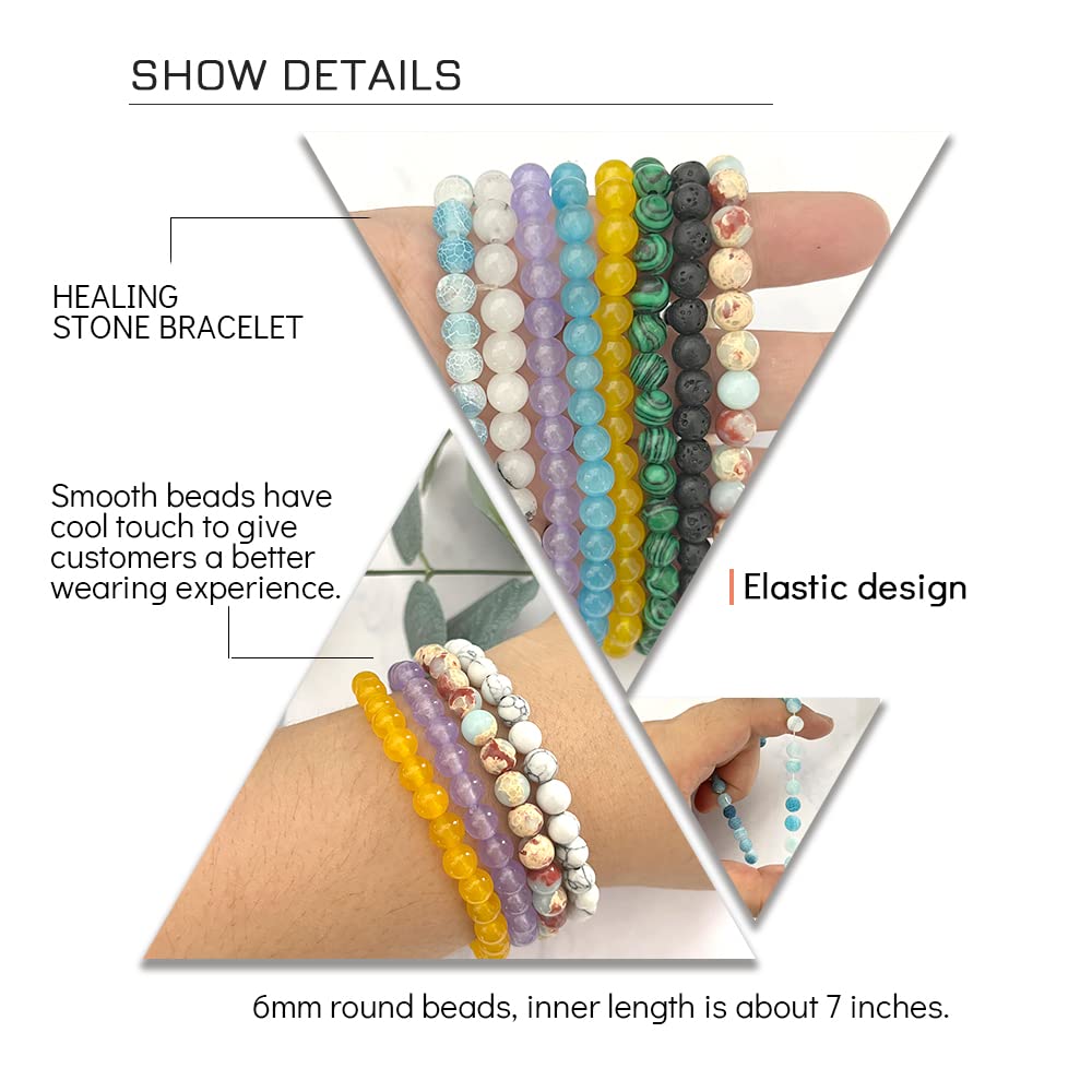 WAINIS 16PCS 6mm Beaded Bracelets for Women Tiny Crushed Stone Crystal Bracelet Beaded Couples Stretch Unisex Stretch Bracelets Jewelry Gift