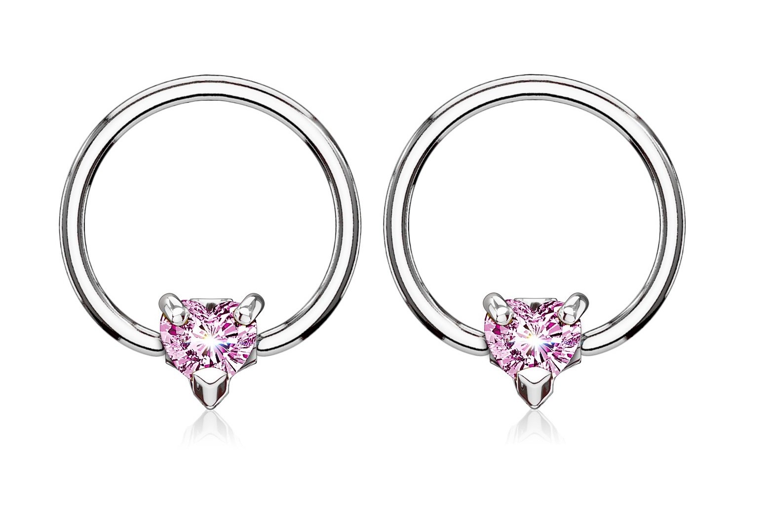 Pierced Owl 14GA Stainless Steel CZ Crystal Heart Captive Bead Nipple Rings, Sold as a Pair (Silver Tone/Pink)