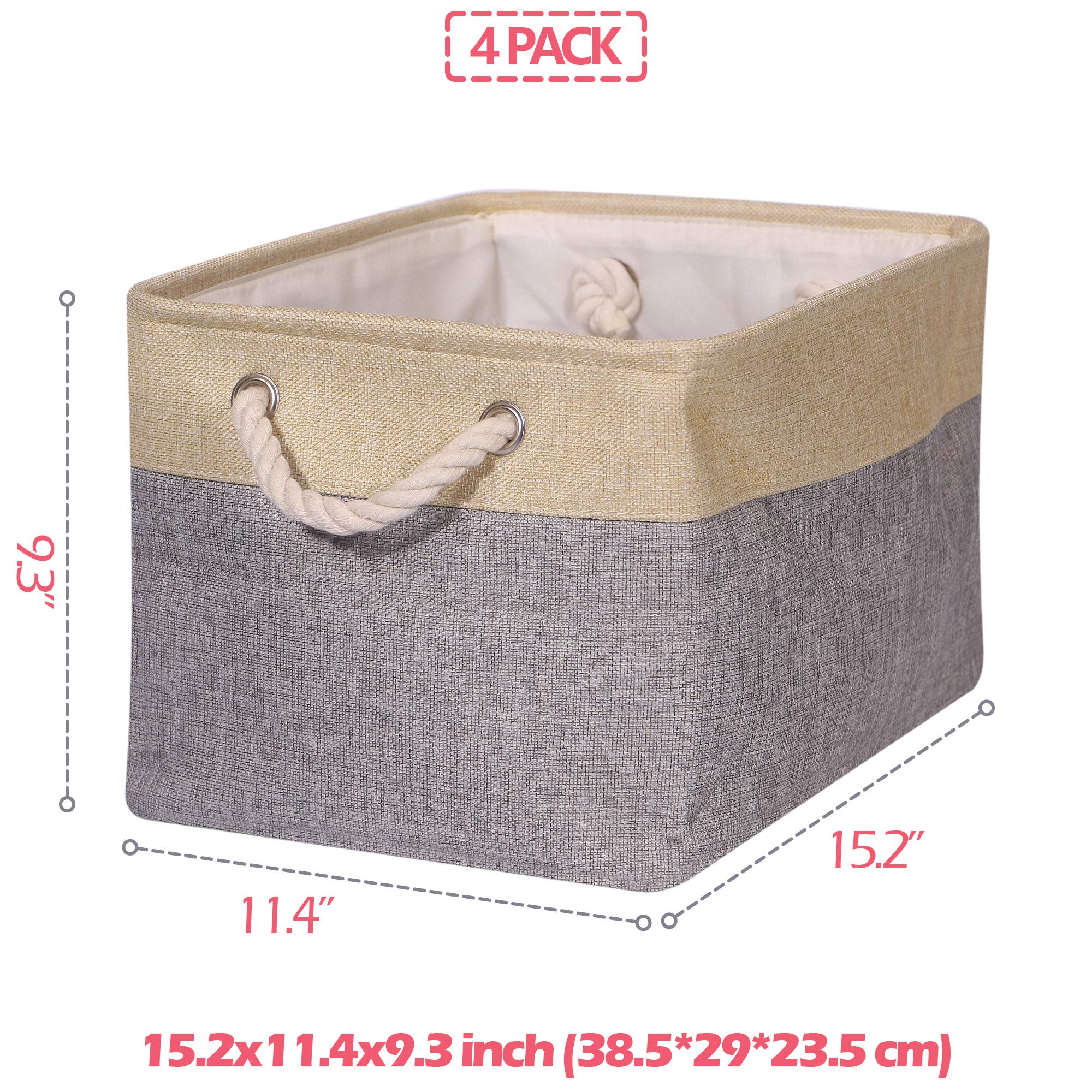 TENABORT Set of 4 Large Storage Basket Bin, Foldable Storage Cube Box Canvas Fabric Collapsible Organizer with Handles for Closet Home Office Clothes Shelf Nursery, Grey and Beige