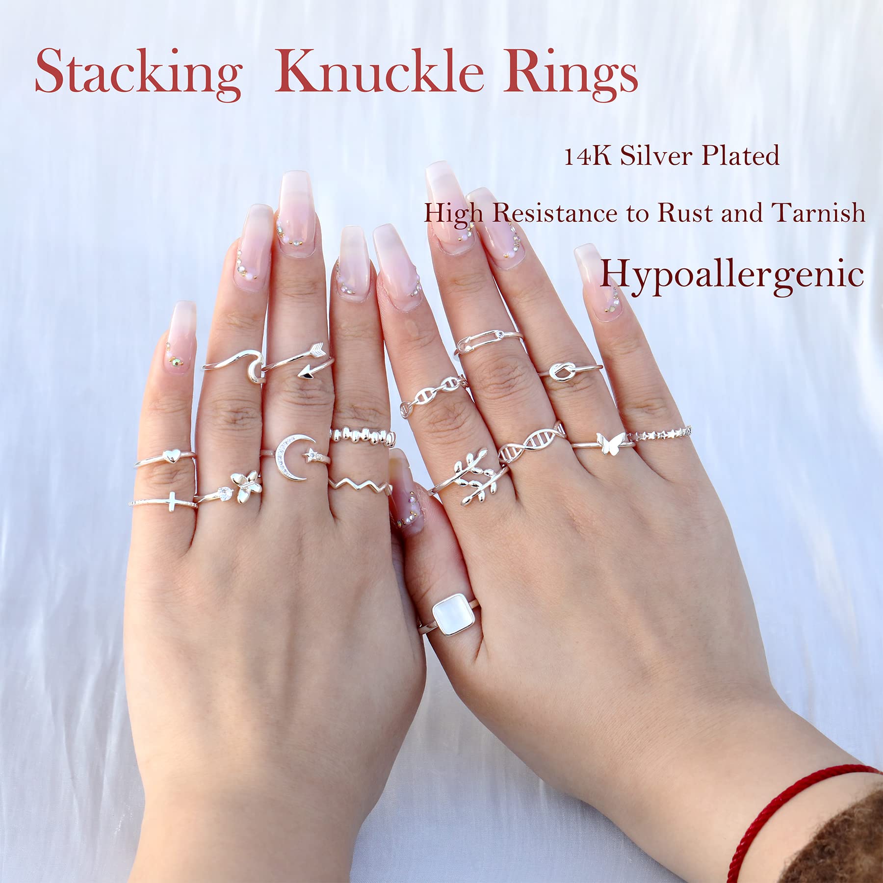 TOBENY 16PCS Adjustable Rings for Women 14K Silver Gold Plated Knuckle Stackable Rings Butterfly Arrow Knot Wave Rings Thumb Midi Finger Rings