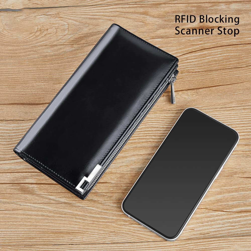 VANNANBA Long Wallet Men Leather,RFID Blocking Oil Leather Zipper Wallet for Men Clutch Bag,with Gift Box