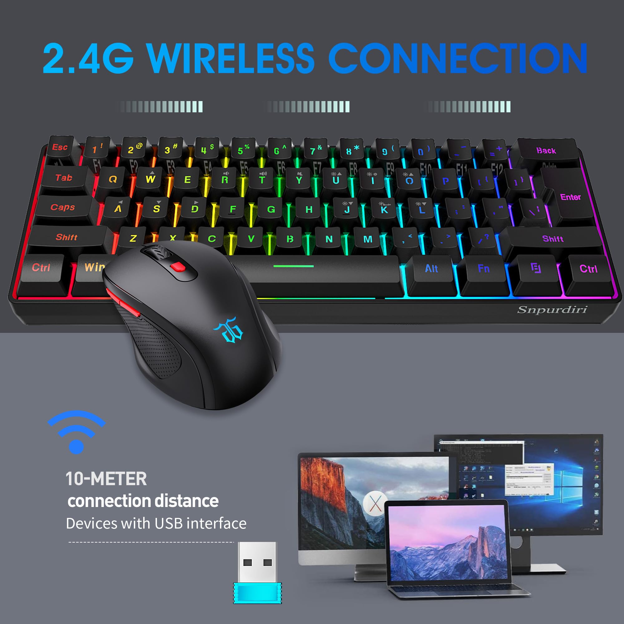 Snpurdiri 60% Wireless Gaming Keyboard,2200mAh Mini 61 Keys Mechanical Feeling Keyboard with Bluetooth 5.1&2.4G Wireless Dual Modes,Support Charging,Suitable for PC/Tablet/Smartphone Gamer,White