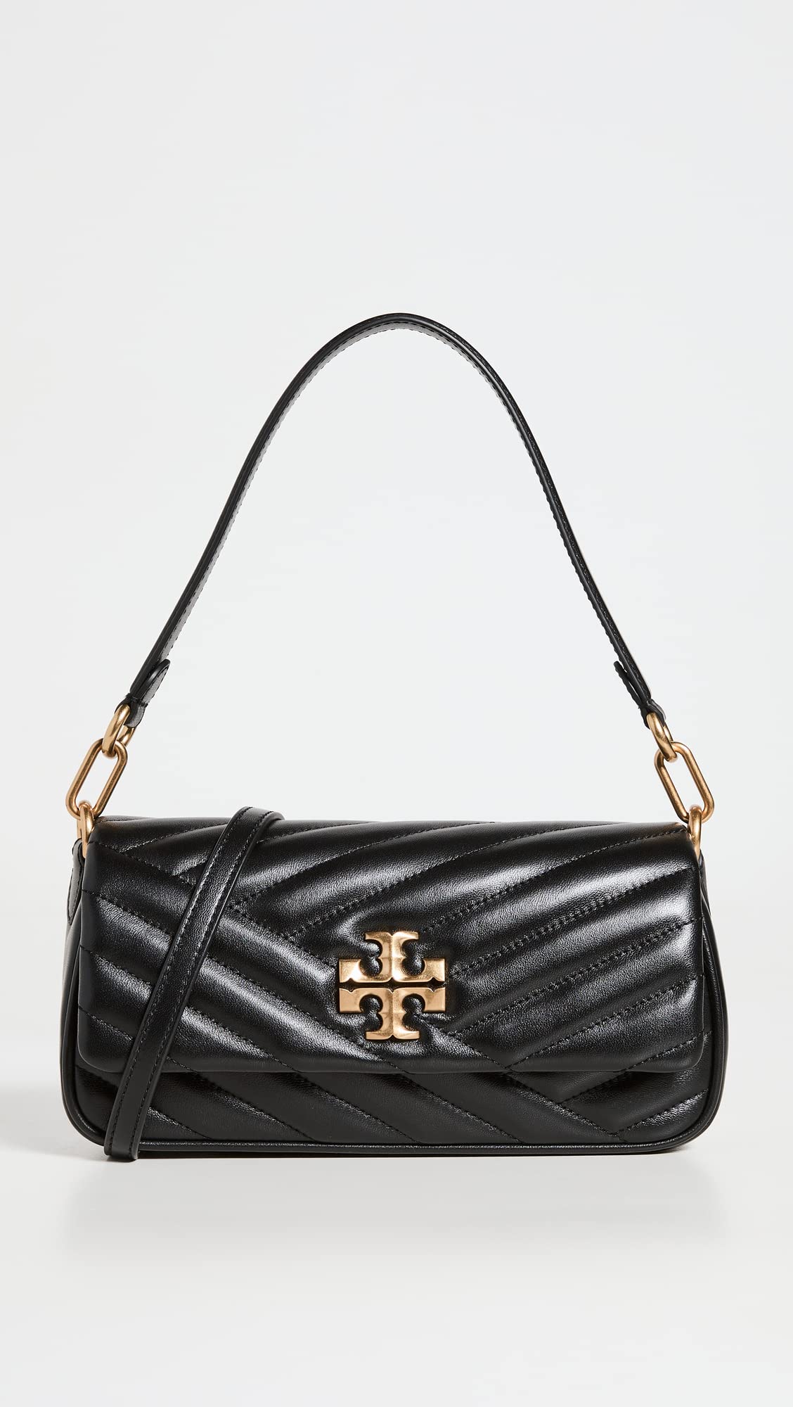 Tory Burch Women's Kira Chevron Powder Coated Small Flap Shoulder Bag, Black/Silver, One Size