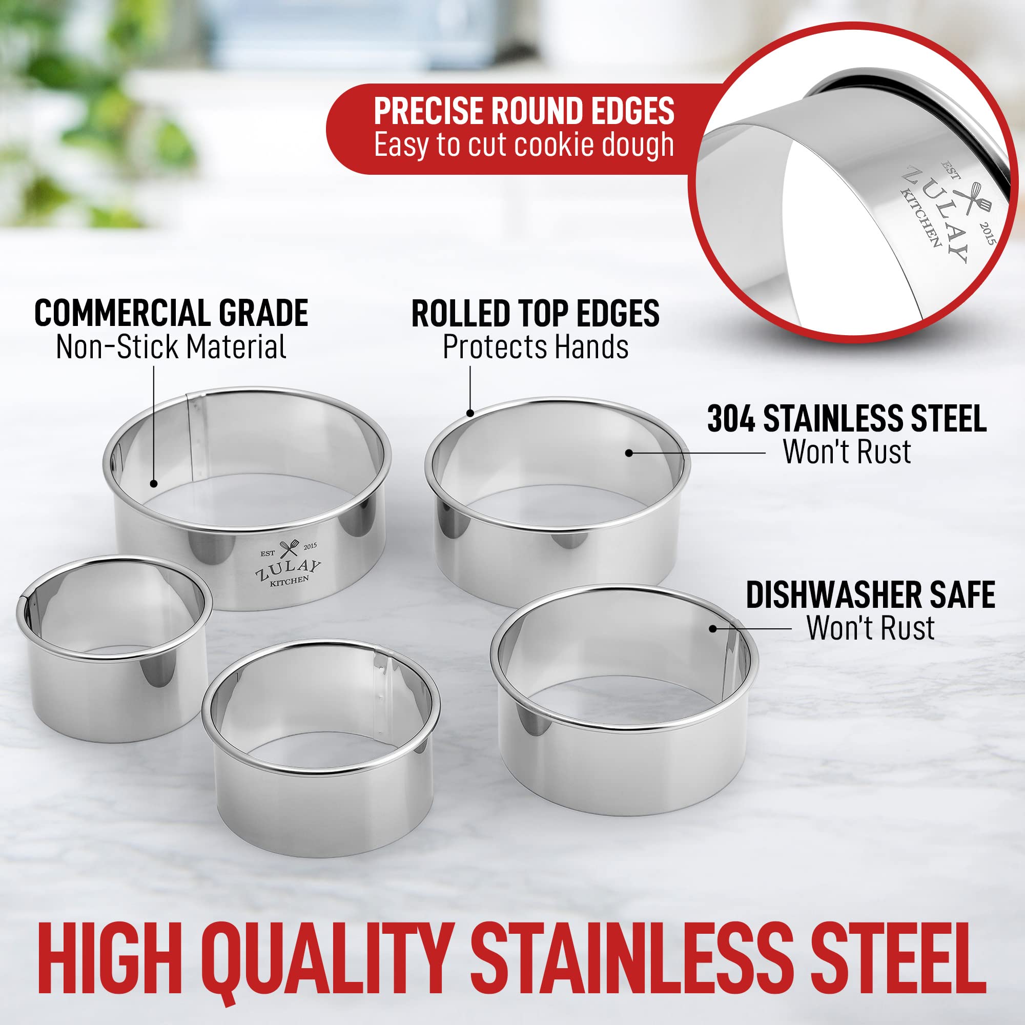 Zulay (5-Pieces) Round Cookie Cutters - Stainless Steel Rustproof Circle Biscuit Cutter Molds - Assorted Round Cookie Cutters With Rolled Top Edges For Dough & Pastries