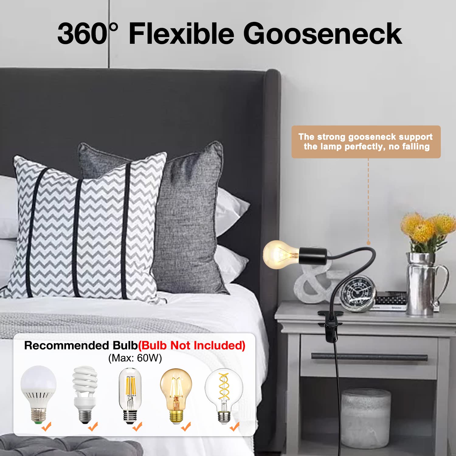 PNLIARN Desk Clip Lamp Holder,E26/E27 Clamp Light Socket, 360° Flexible Gooseneck Clip on Light Socket with Switch, Plants Growth Light,for Office,Bedside,Black (No Bulb)