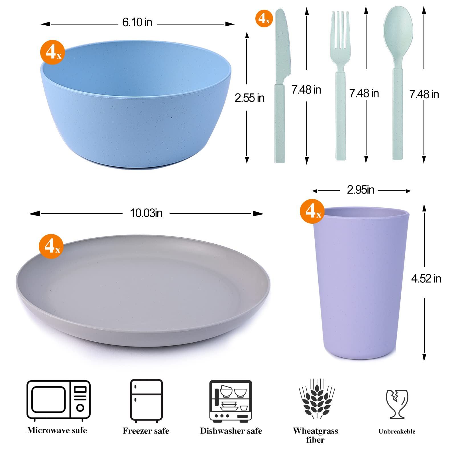 Wheat Straw Dinnerware Sets - 24 pcs Lightweight Bowls Unbreakable Dish Set Dishwasher Microwave Safe Wheat Straw Cups Cutlery Plates and Bowls Set for 4 Suitable for Camping Party Grill(Four Colors)