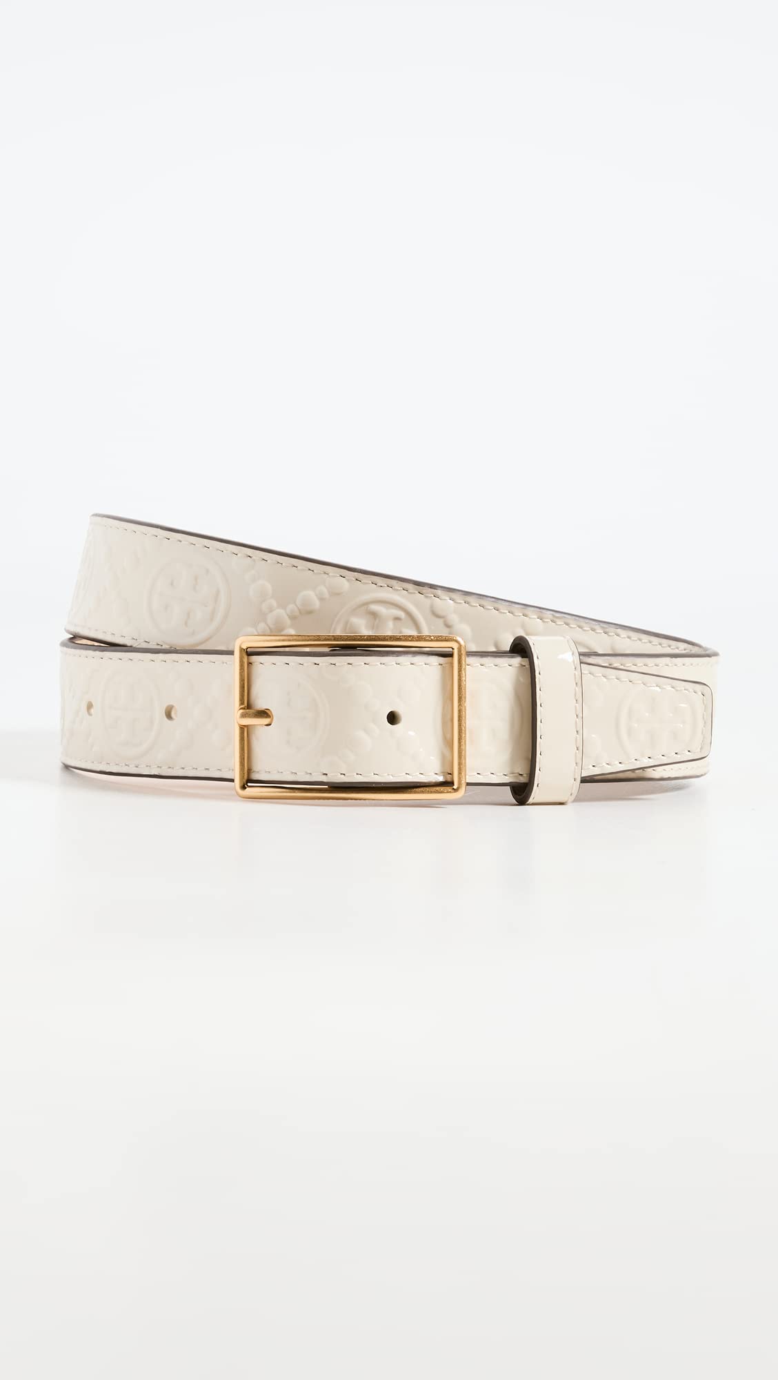 Tory Burch Women's T Monogram Patent Belt, Fossil, Off White, M