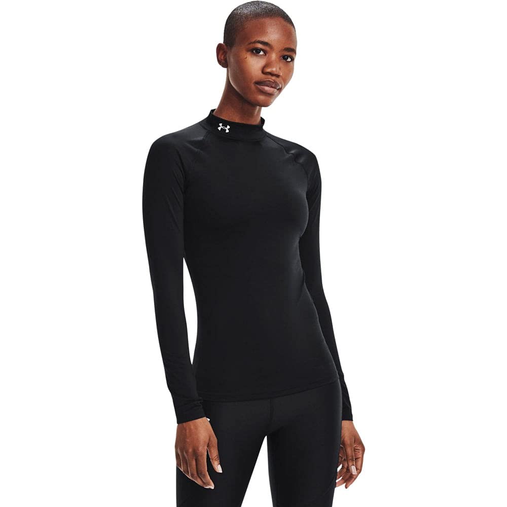 Under Armour Women's HeatGear Compression Long-Sleeve Mock T-Shirt, Black (001)/Metallic Silver, X-Large