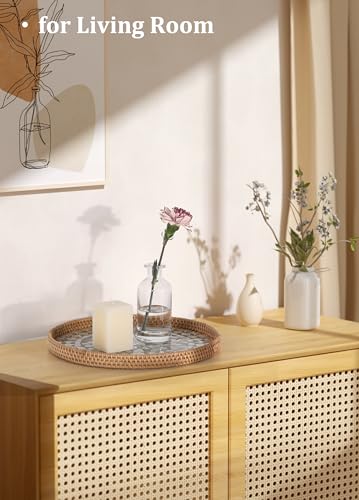 Tynulox 11.8" Rattan Tray with Mother of Pearl Inlay Wooden Base | Round Woven Wicker Tray | Coffee Table Tray for Storage Display Bread Fruit Breakfest