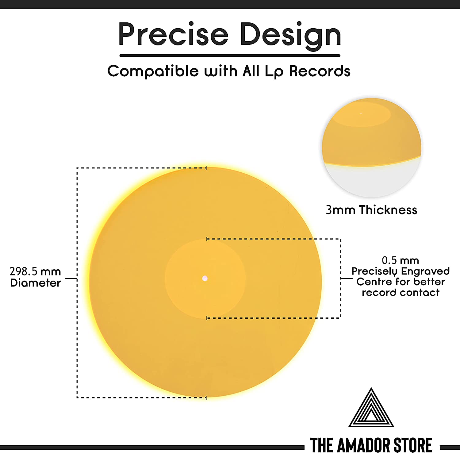 The Amador's Acrylic Turntable Mat - Transparent Acrylic Slipmat for Vinyl LP Record Players -Effective Base Response -Diameter 297mm Thickness 2.5mm -Control Resonance & Vibration (Yellow)