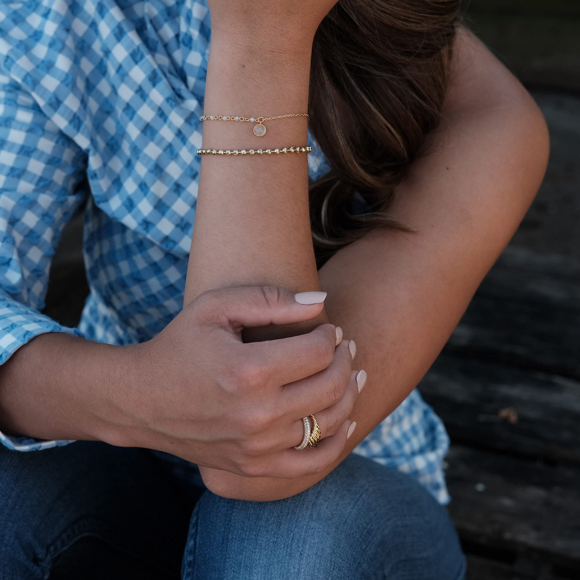 Rose Gold Bracelet [ 18K Vermeil ] Natural Grey Moonstone Dainty Charm