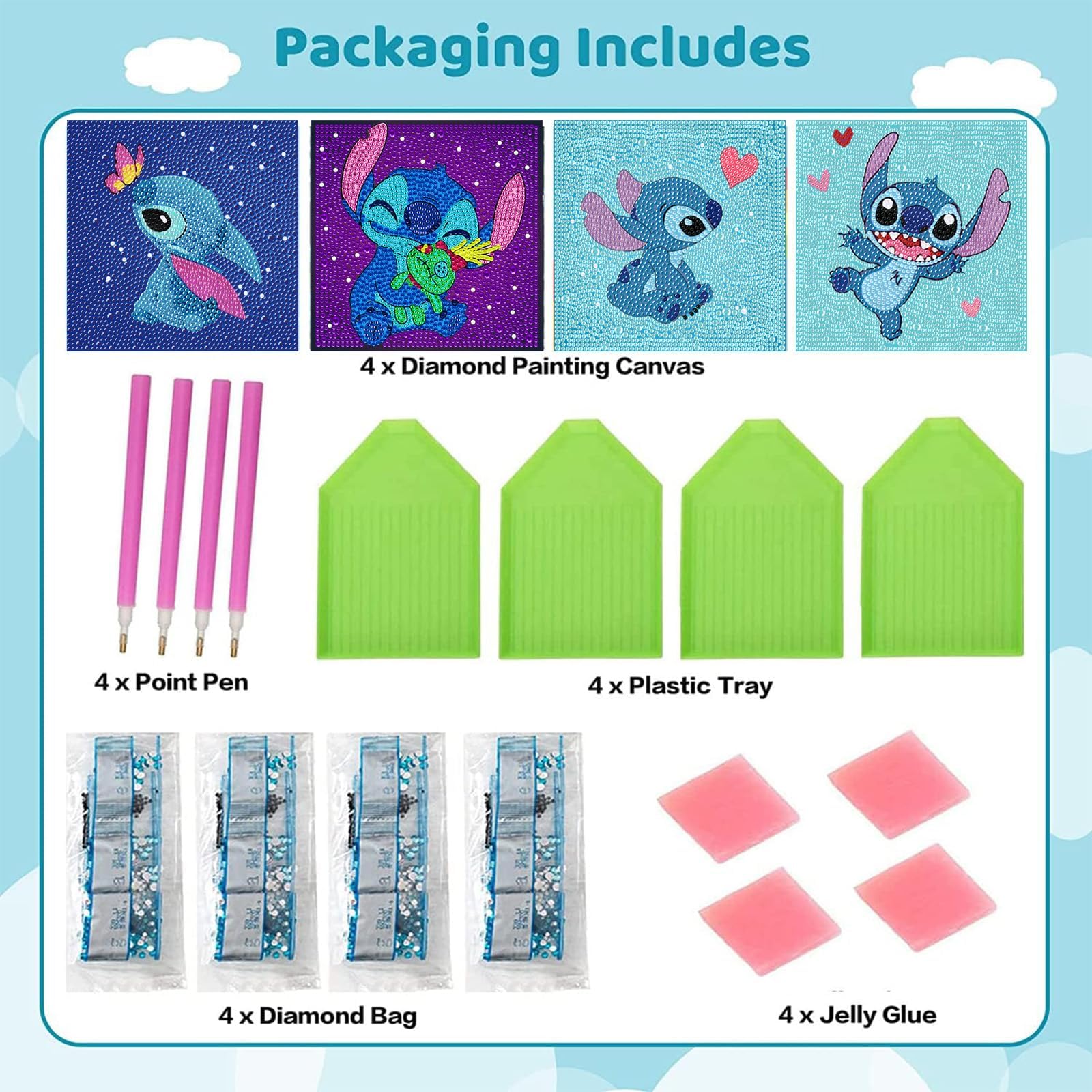 pvoodire 4 Pack Diamond Art Kits for Kids-Diamond Art Kits for Kids,Diamond Art for Kids,Childern Beginners 6x6inch