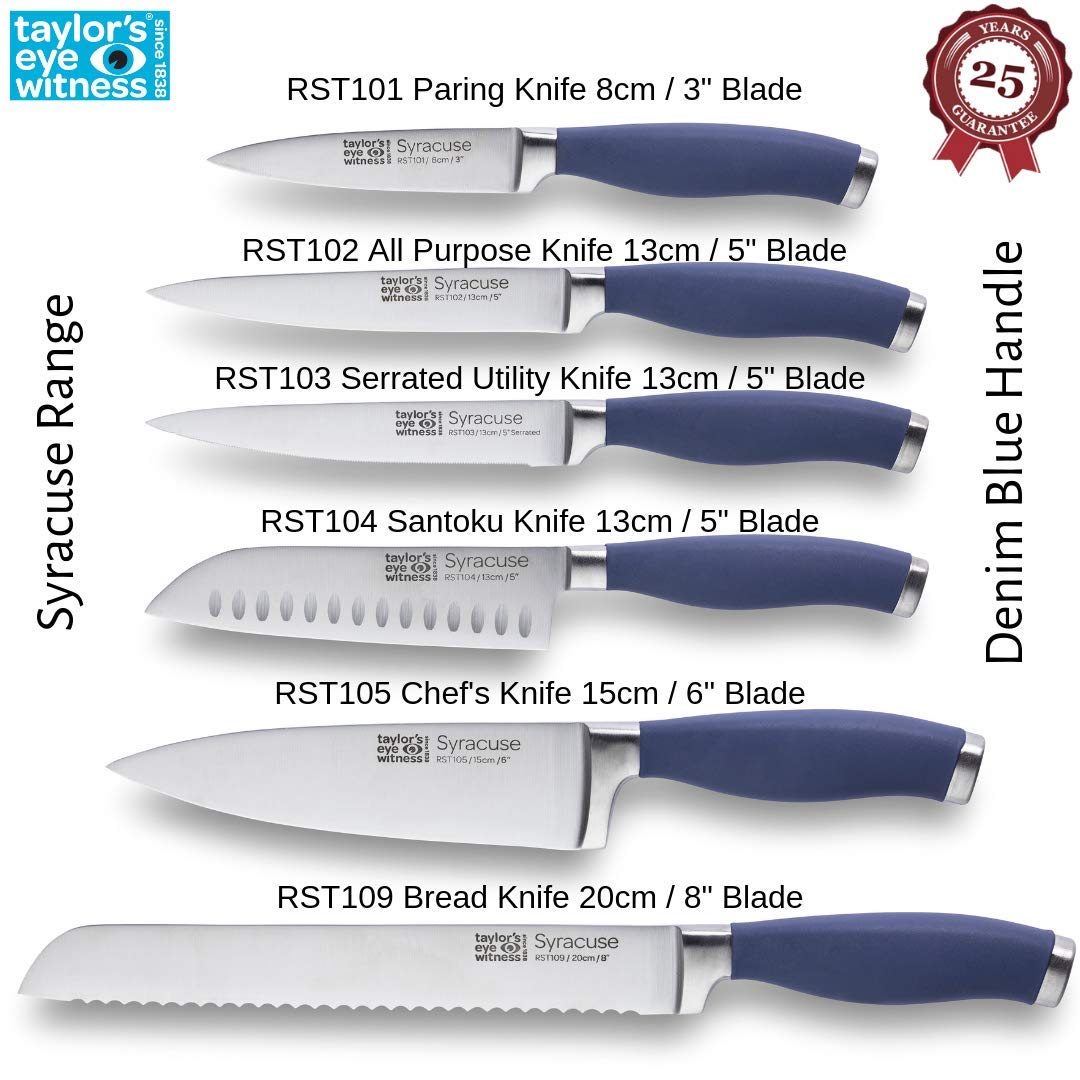 Taylors Eye Witness Syracuse Asian Kitchen Knife Set - Chefs Santoku 13cm/5β & Cooks All Purpose 13cm/5β Cutting Edge, Multi Use. Ultra Fine, Razor Sharp Blade. Soft Textured Grip Denim Blue Handle.